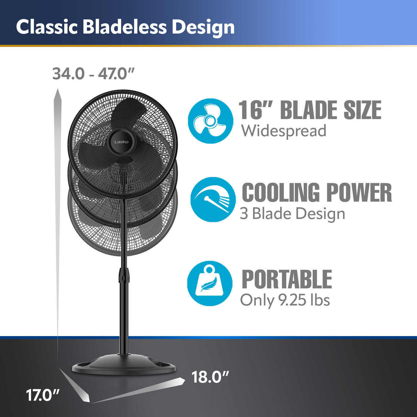 Lasko S16500 16" Oscillating 3 Speed Pedestal Fan: black – Lasko ...