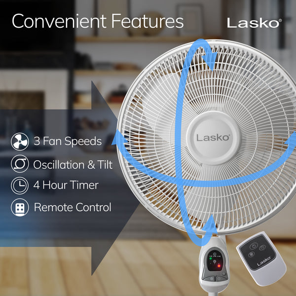 Lasko 16" Oscillating 3-Speed Pedestal Fan with Remote Control, 1646 ...
