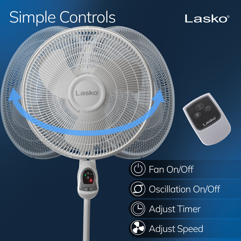 Lasko 16" Oscillating 3-Speed Pedestal Fan with Remote Control, 1646 ...
