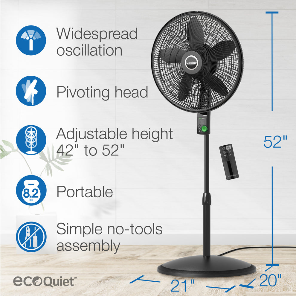 Lasko WhisperForce™ 18" 4-speed EcoQuiet DC Motor Pedestal Fan with Re ...