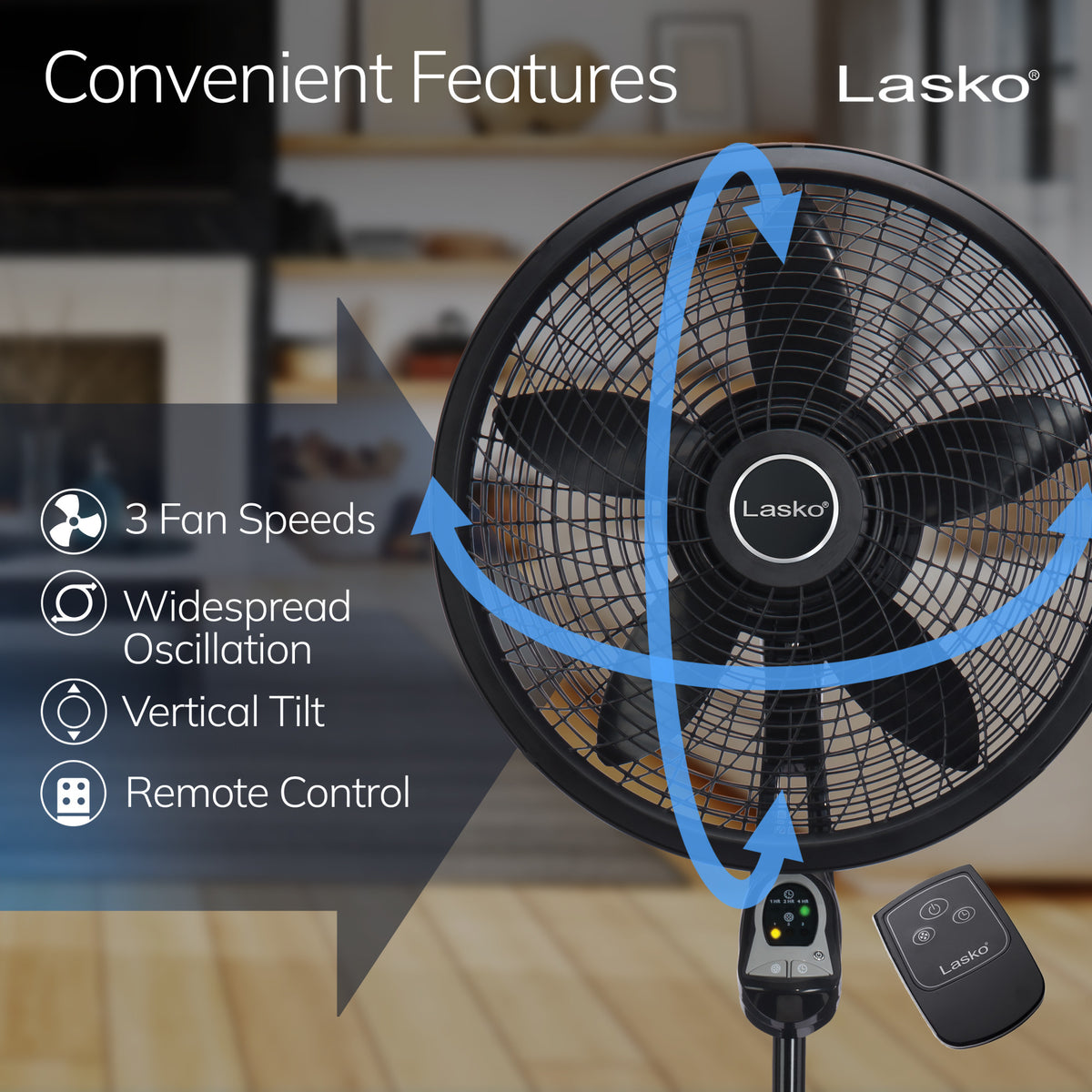 Lasko 18" 3-Speed Oscillating Cyclone Pedestal Fan with Remote and Tim