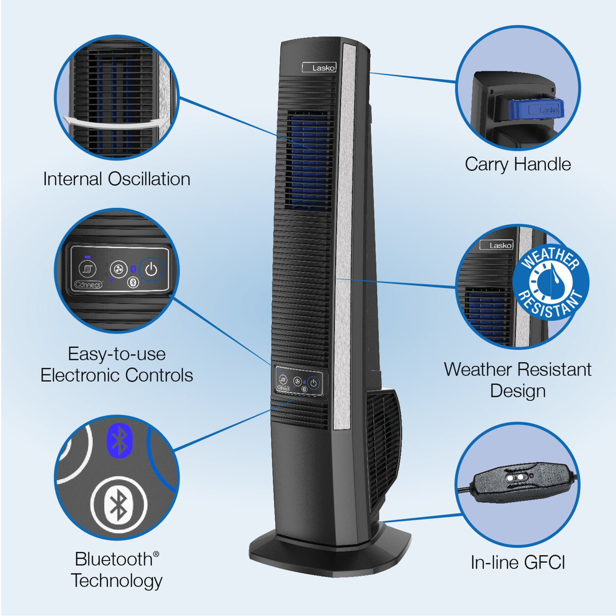 Lasko 42" Outdoor Tower Fan with Bluetooth Technology, YF200, Black