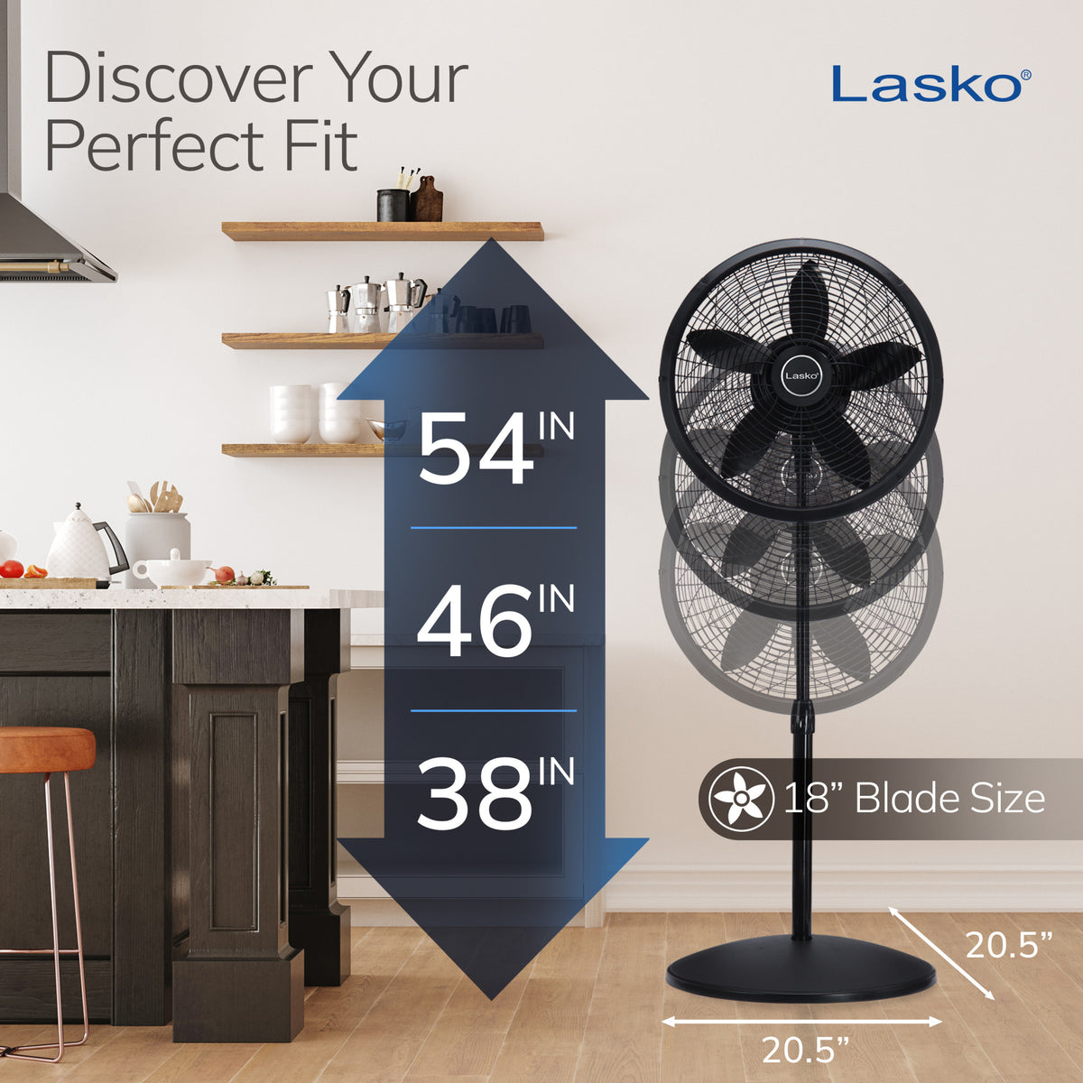 Lasko 18" Oscillating Pedestal Fan with 3 Quiet Speeds, 1827, Black